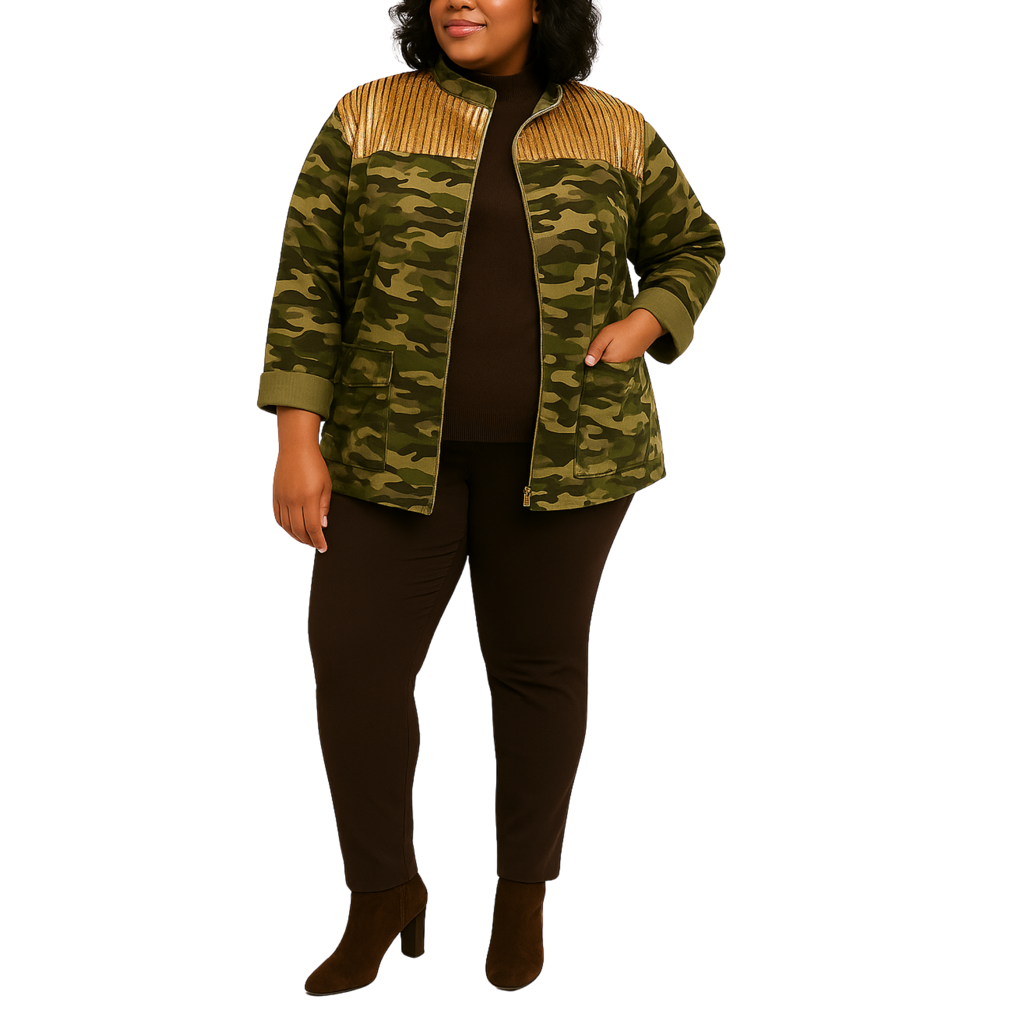 Plus Camo Jacket with Sequin Shoulder Detail – Long Sleeve Button Down ...
